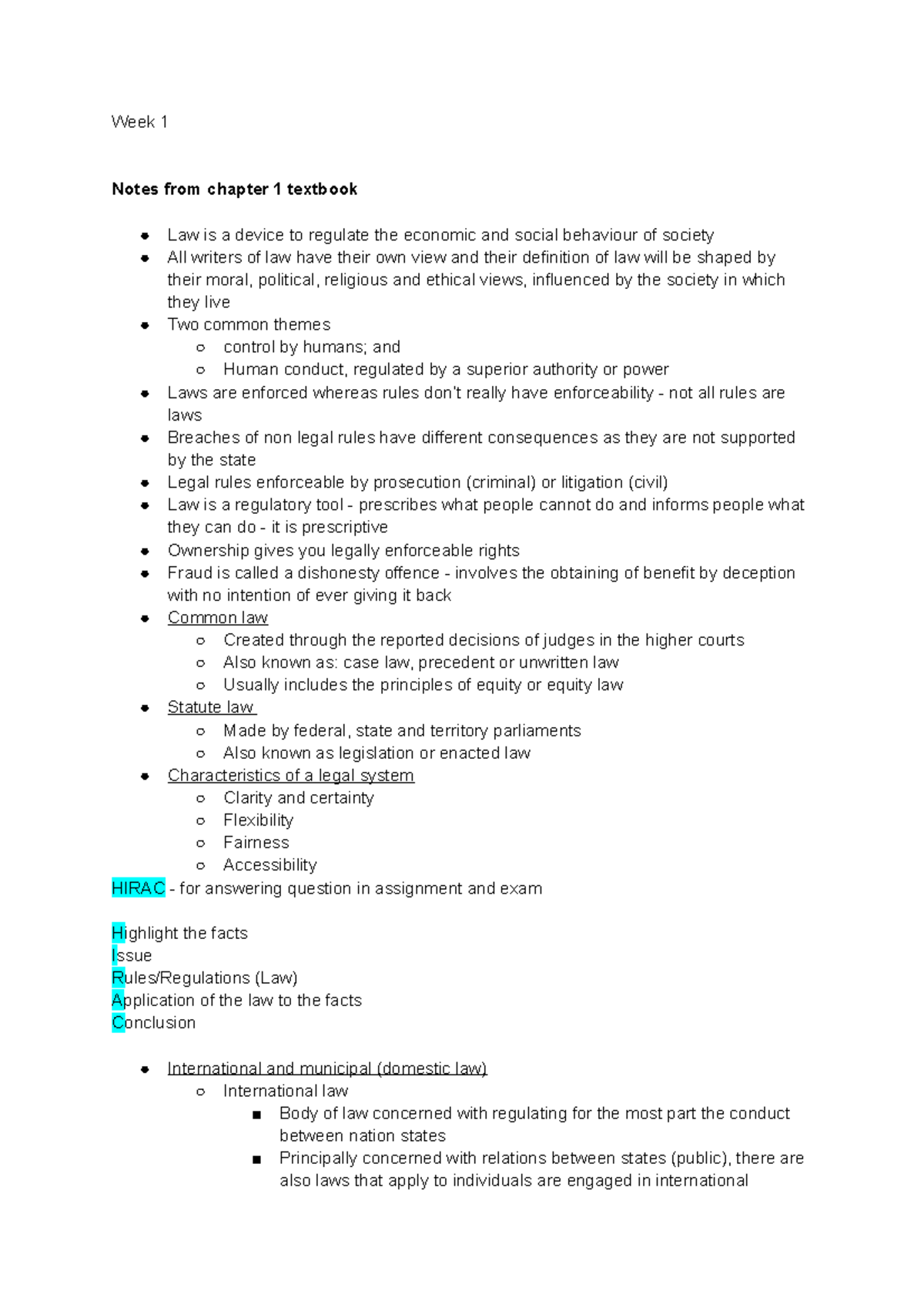Law Tutorial Work - tute notes - Week 1 Notes from chapter 1 textbook ...