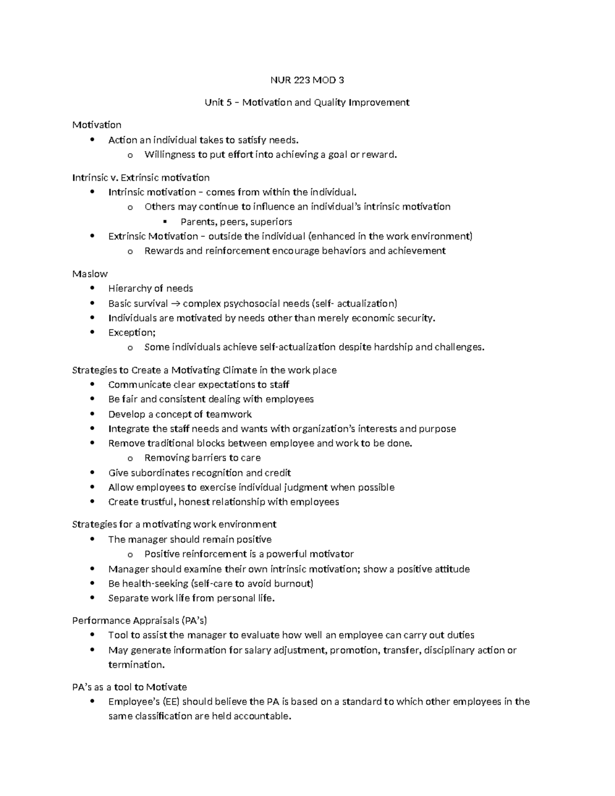 Unit 5 Outline - Nursing - NUR 223 MOD 3 Unit 5 – Motivation and ...