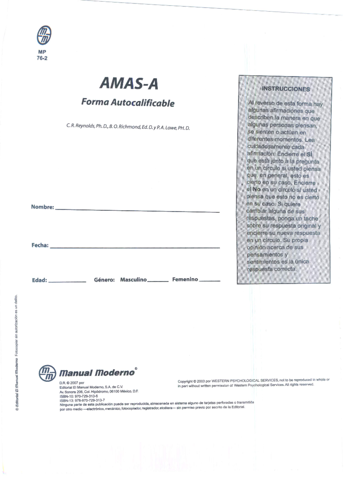 AMAS-A - Cuadernillo de Aplicación AMAS-A - psicología - Studocu