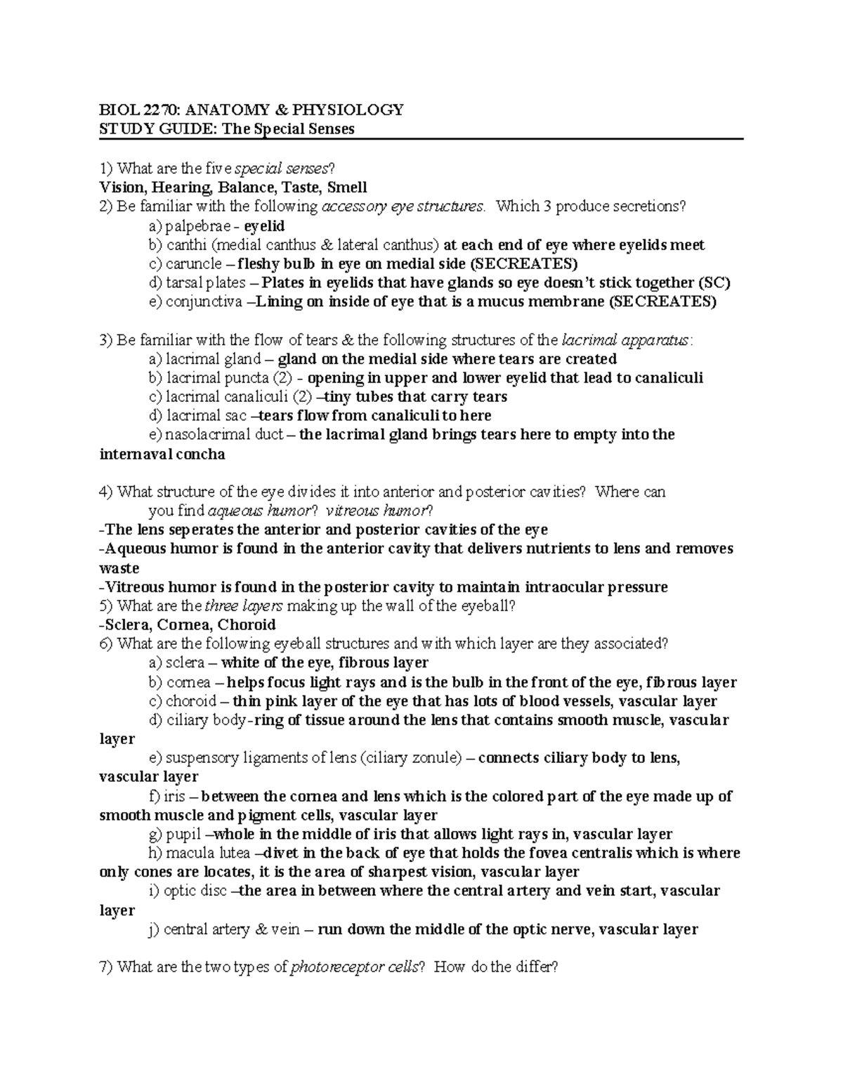 01-special senses (study guide) - BIOL 2270: ANATOMY & PHYSIOLOGY STUDY ...
