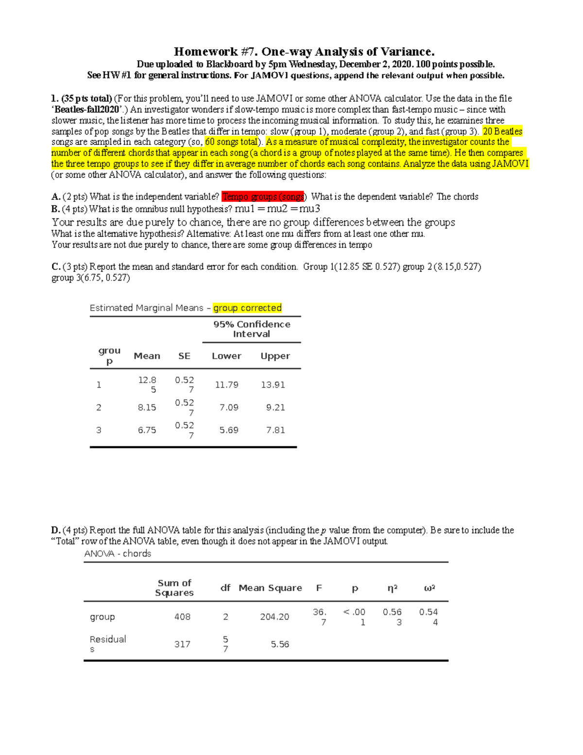 Homework 7 oneway Anova Fall2020 POST - Homework #7. One-way Analysis ...