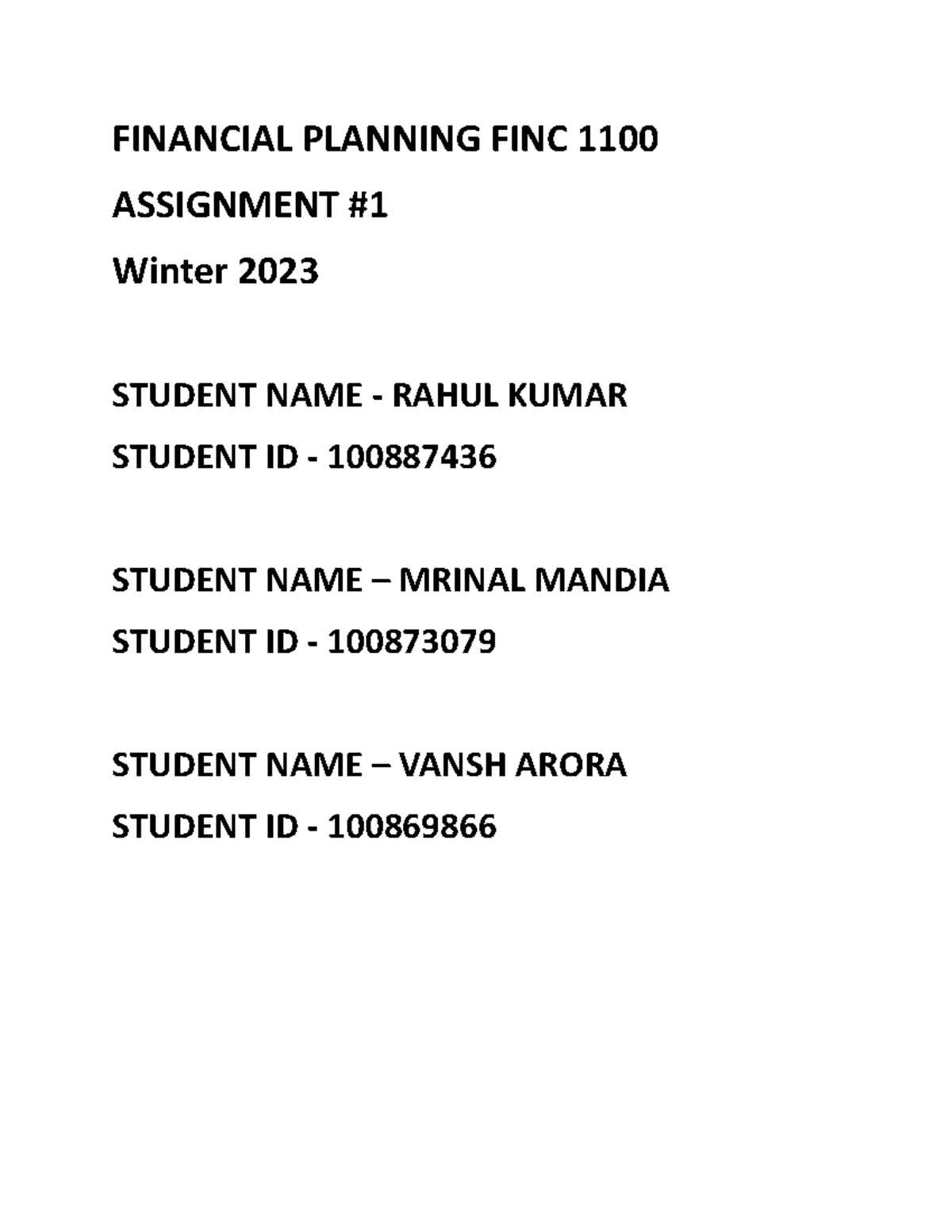 Finance Assignment 1 - study hard - FINANCIAL PLANNING FINC 1100 ...