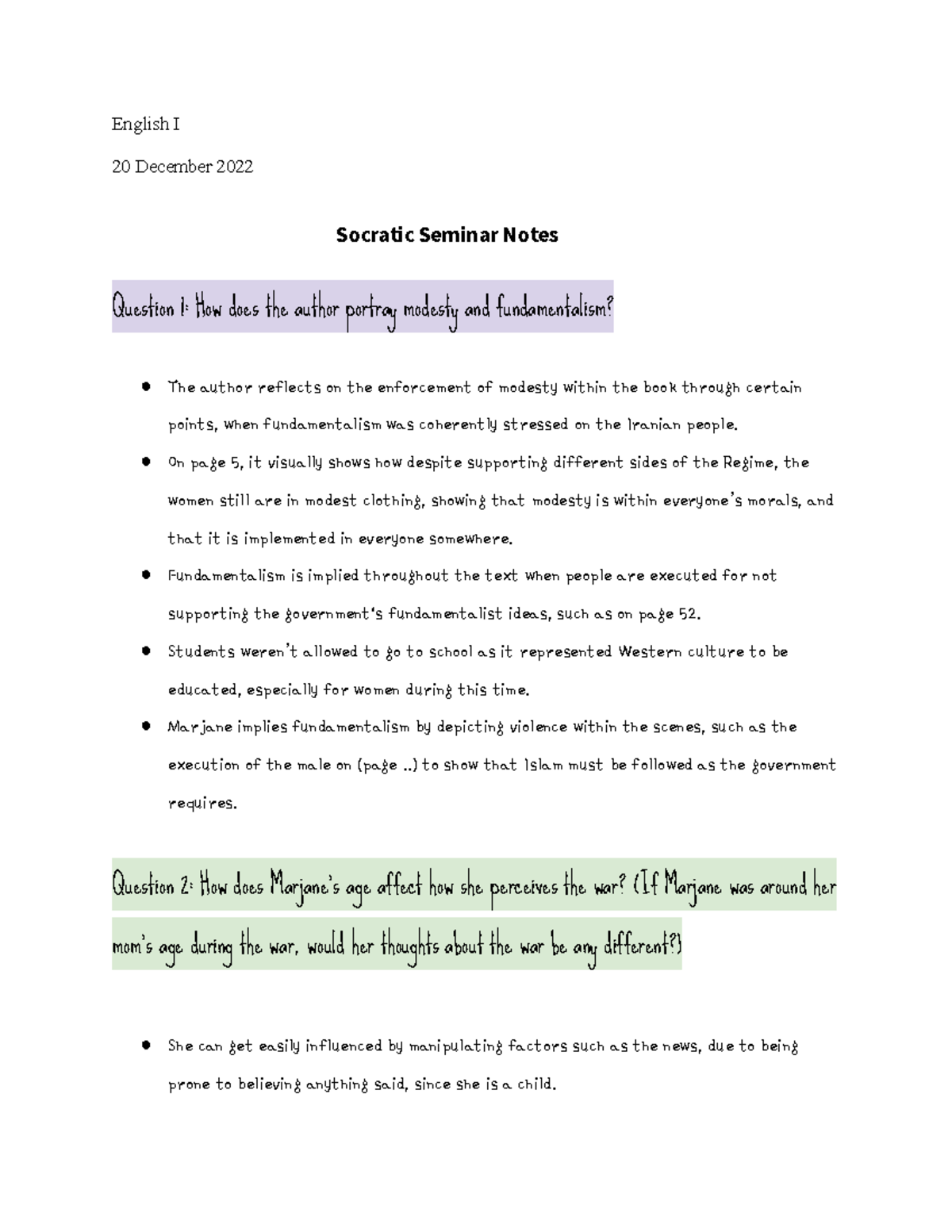 Persepolis socratic seminar notes - English I 20 December 2022 Socratic ...