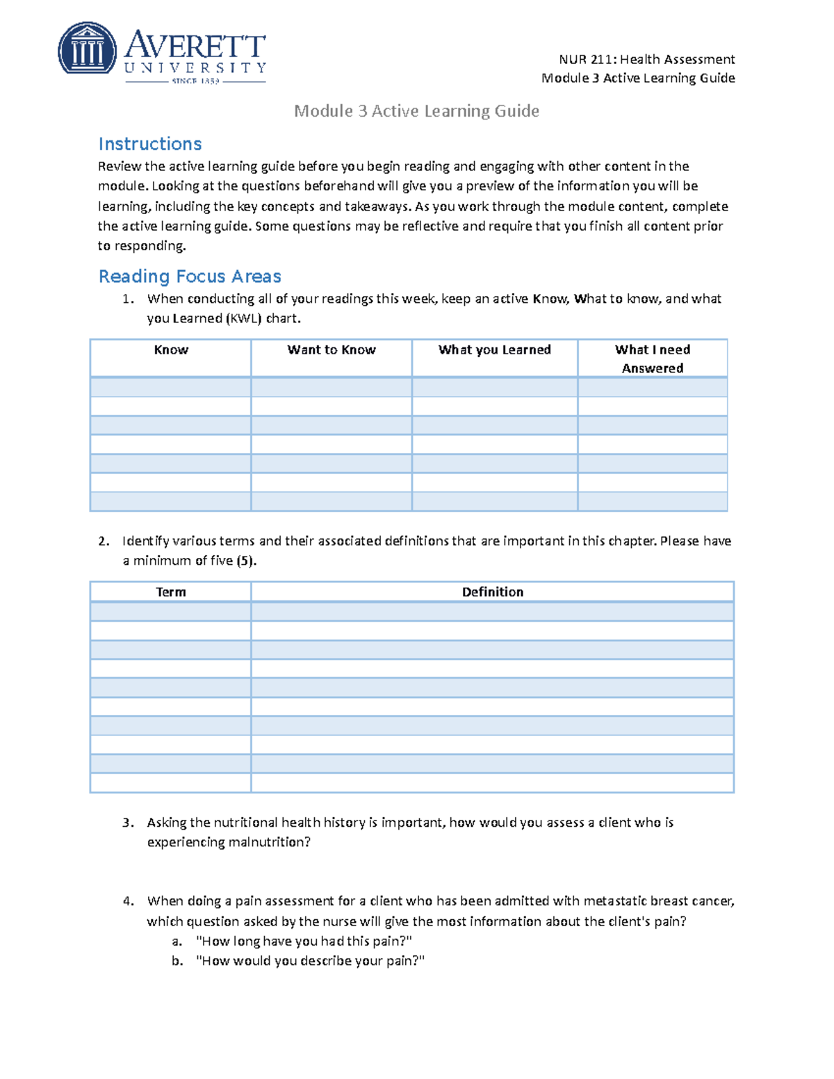Module 3 - Active Learning Guide - NUR 211: Health Assessment Module 3 Active Learning Guide ...