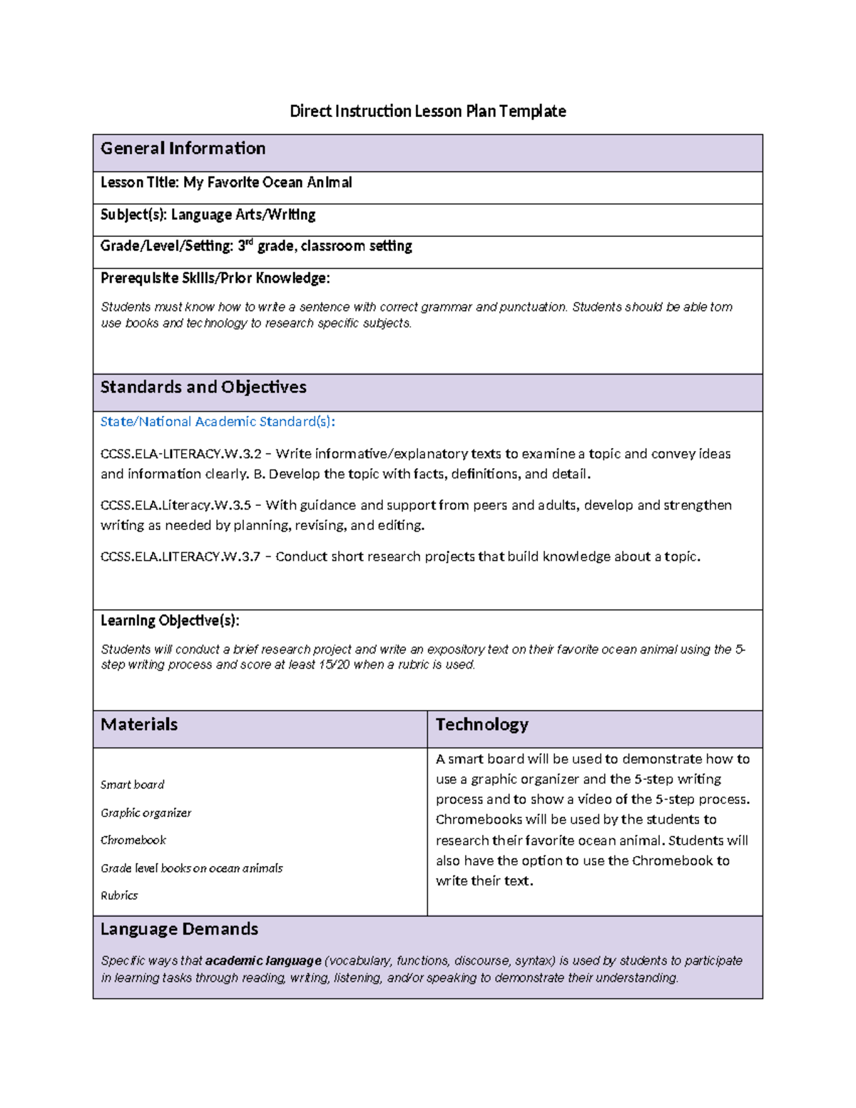 C365 Task 1 - Direct Instruction Lesson Plan Template General Information Lesson Title: My ...