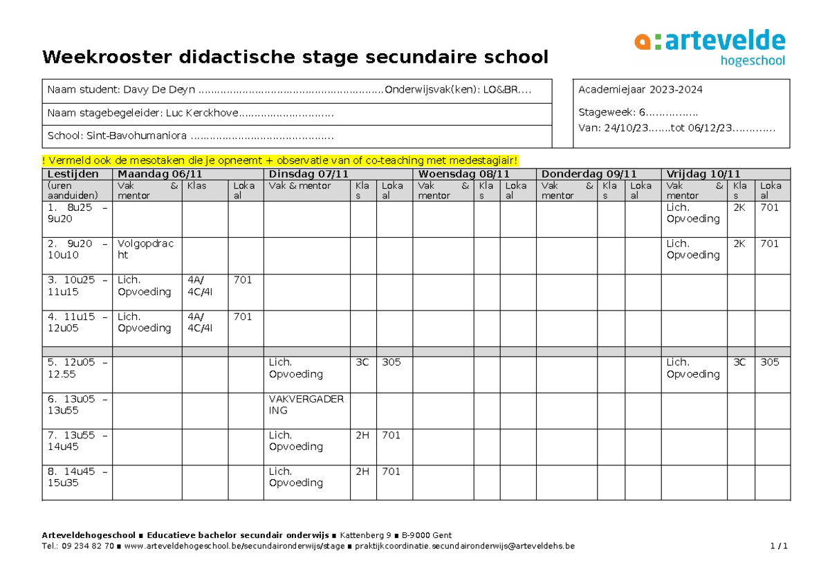 Uurrooster lesweek 3 - Weekrooster didactische stage secundaire school ...