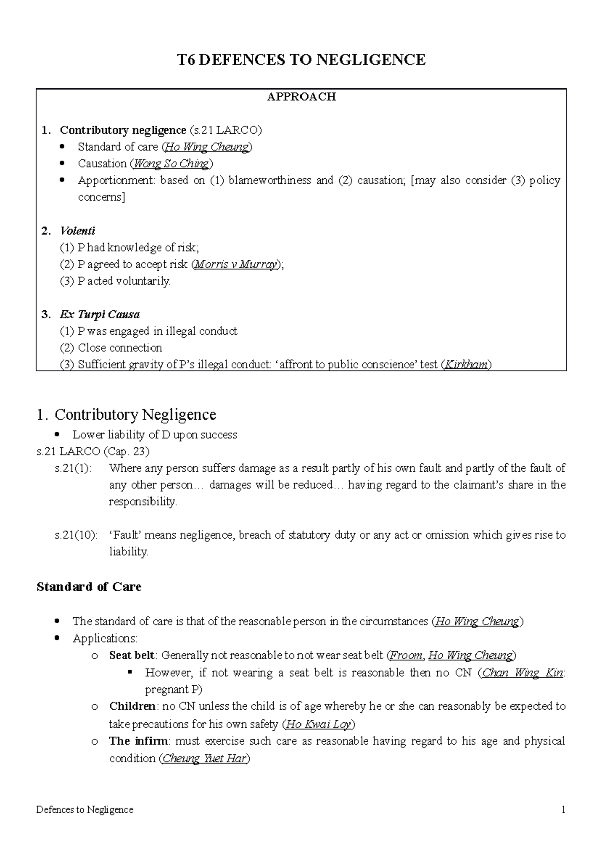 Topic 6 Defences to Negligence - T6 DEFENCES TO NEGLIGENCE APPROACH 1 ...