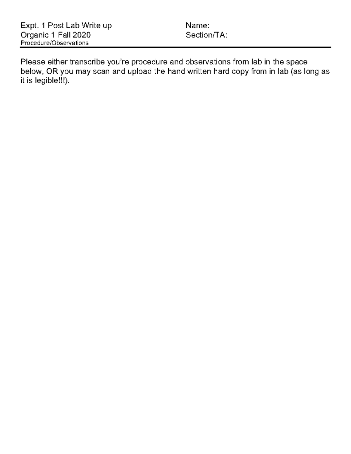 Org 1 Expt 1 Post Lab Write Up - Expt. 1 Post Lab Write up Name ...