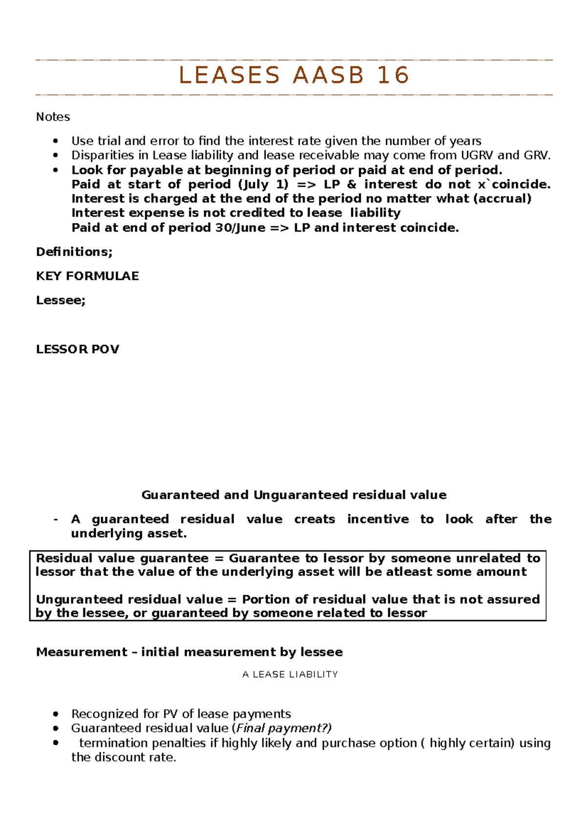 Leases aasb 16 - L E A S E S A A S B 1 6 Notes Use trial and error to ...