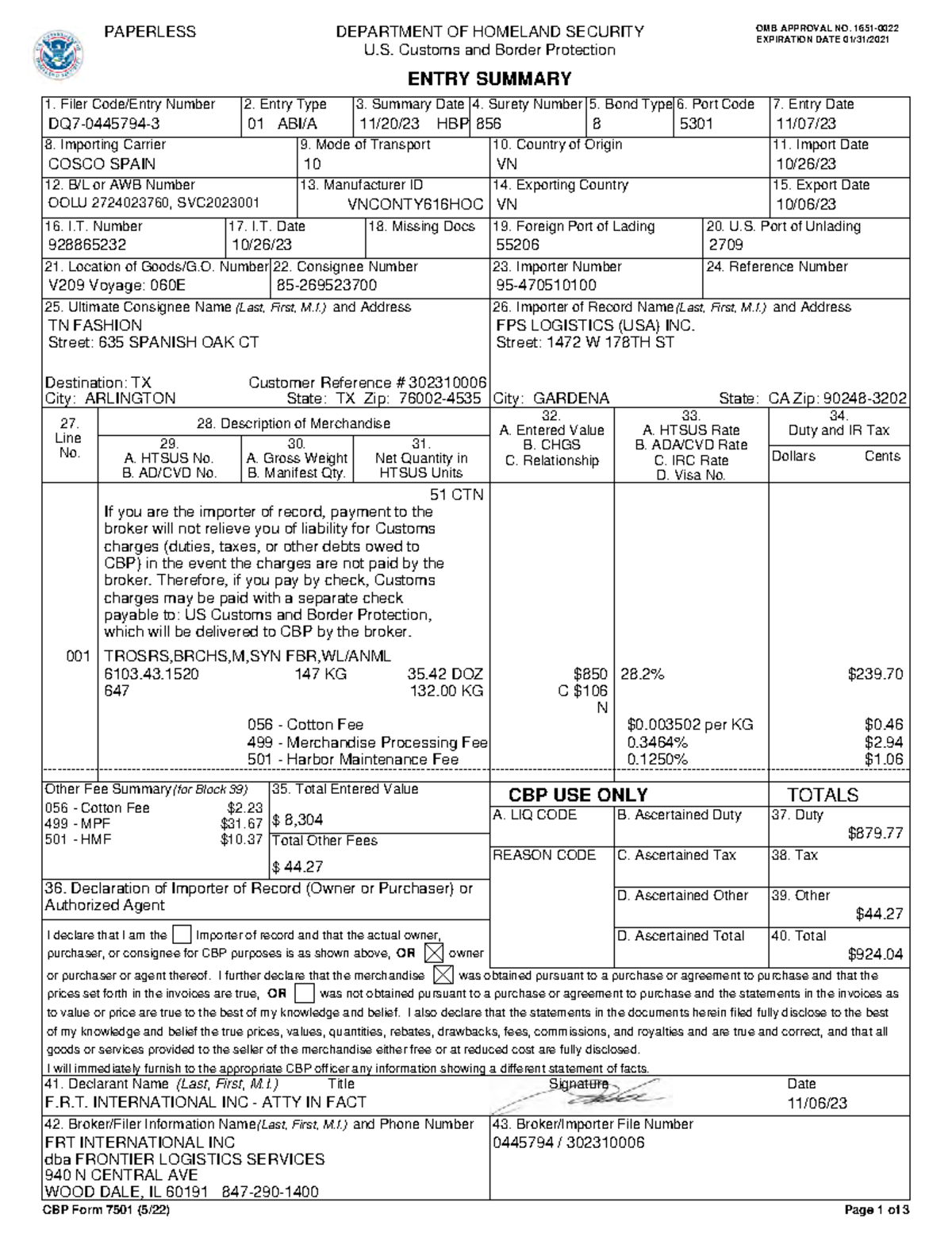 302310006 Release DOCS - DEPARTMENT OF HOMELAND SECURITY U. Customs and ...
