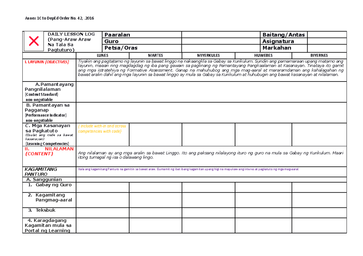 DLL Template Filipino DO - DAILY LESSON LOG (Pang-Araw Araw Na Tala Sa ...