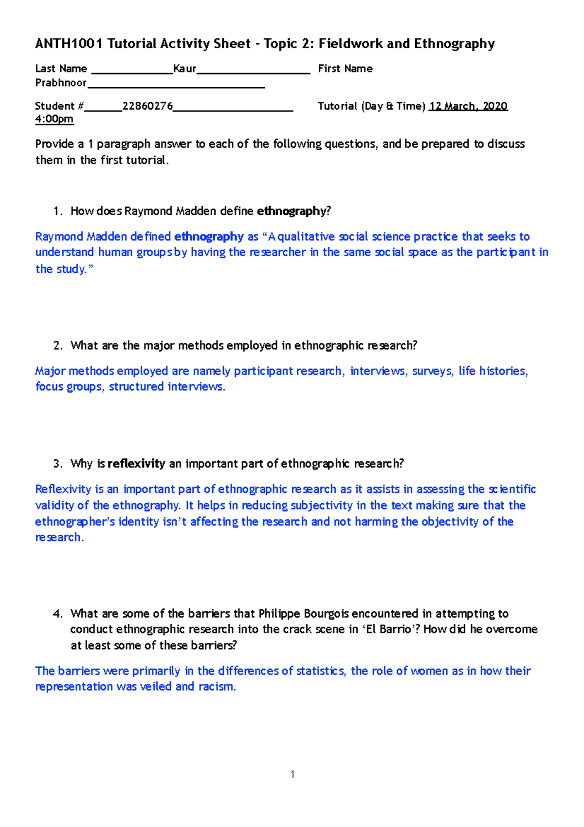 Tutorial Activity - Topic 2 complete - ANTH1001 Tutorial Activity Sheet ...
