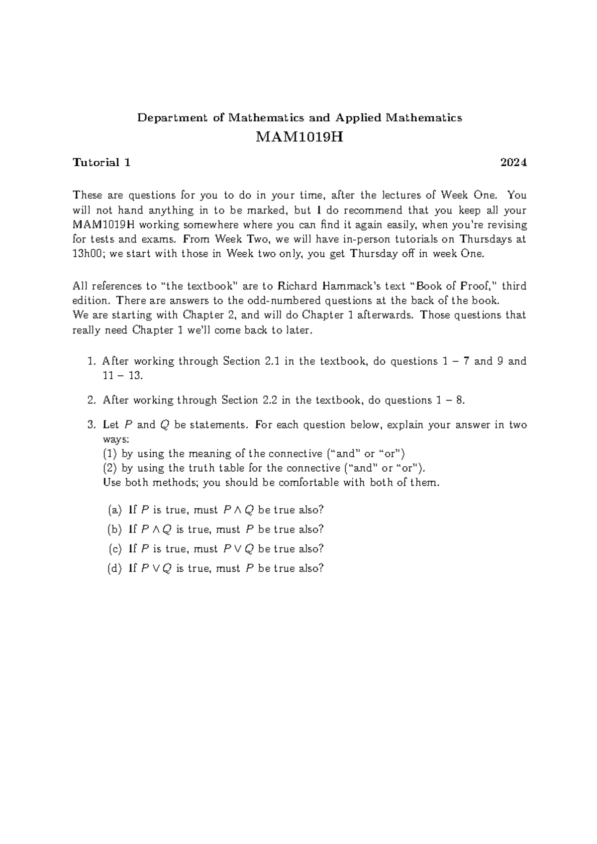 Tut 1 in 2024 - Tutorial 1 of MAM 1006H - Department of Mathematics and ...