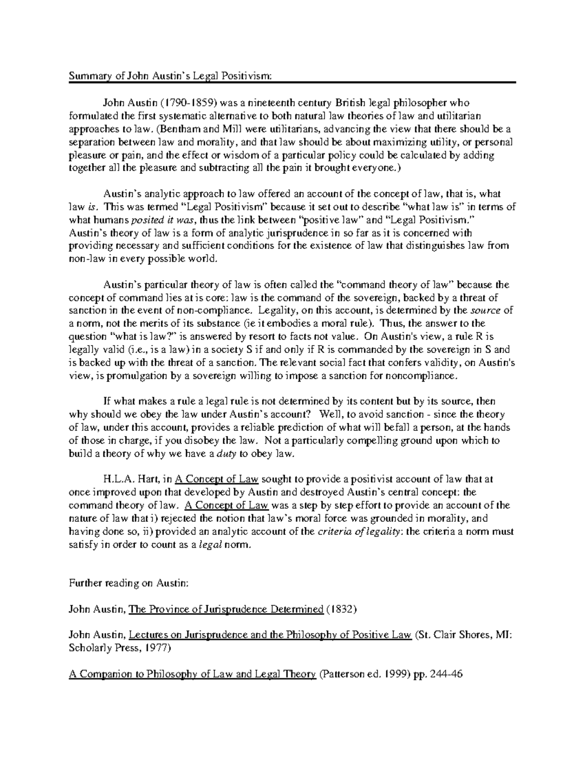 Summary of John Austins Legal Positivism - Summary of John Austin’s ...