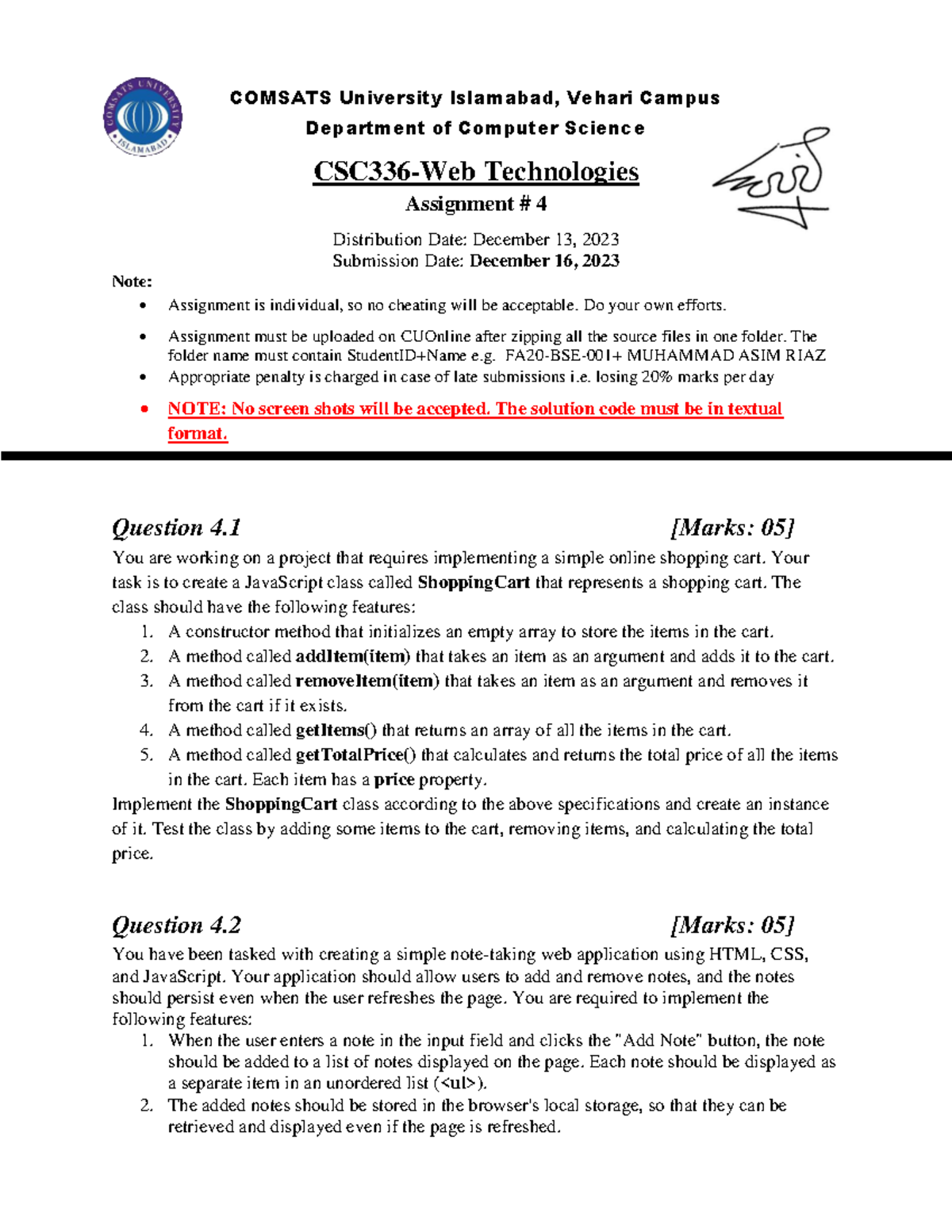 CSC336 Web Technologies Assignment 4 - COMSATS University Islamabad, Vehari Campus Department of ...