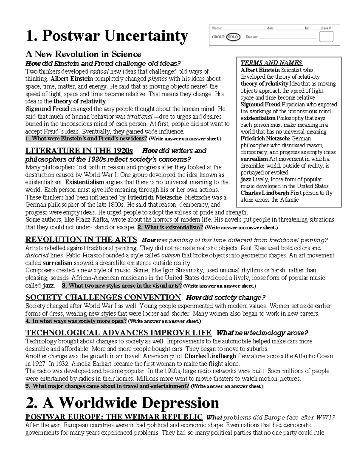 Ch. 31 Btwn the Wars Pckt reading - 1. Postwar Uncertainty A New ...