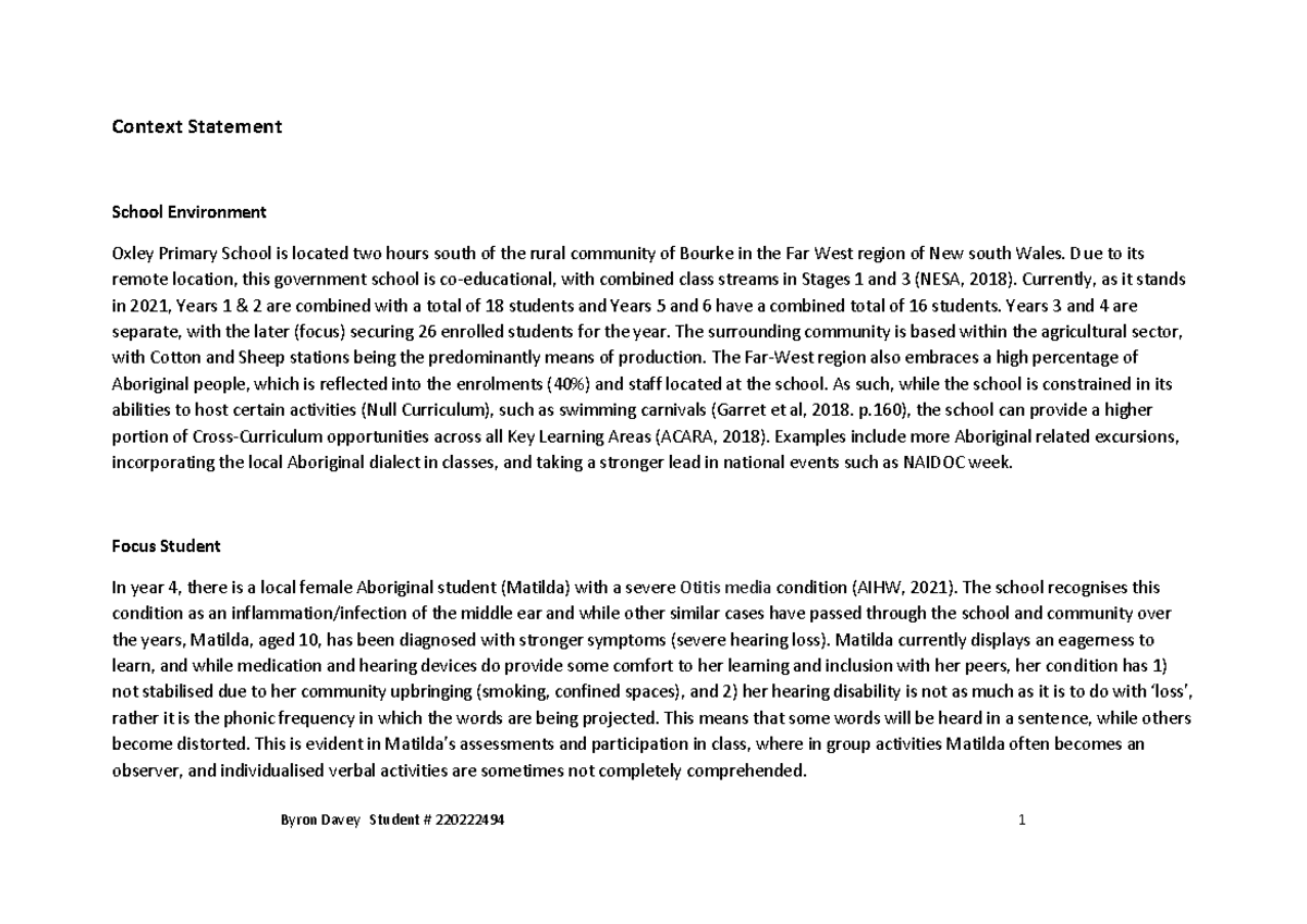 EDPE247 Assessment 2 Combined 2 - Context Statement School Environment ...