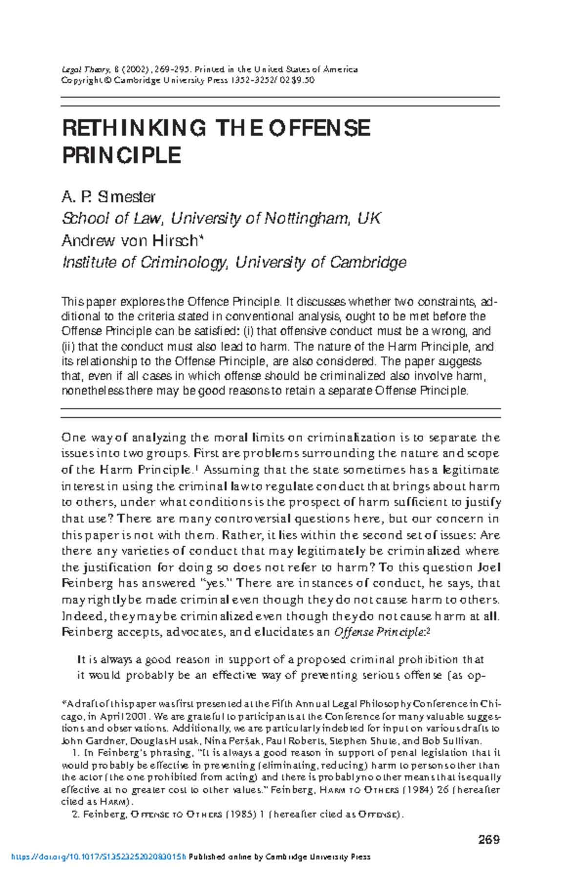 Rethinking the offense principle - A. P. SIMESTER AND ANDREW VON HIR ...