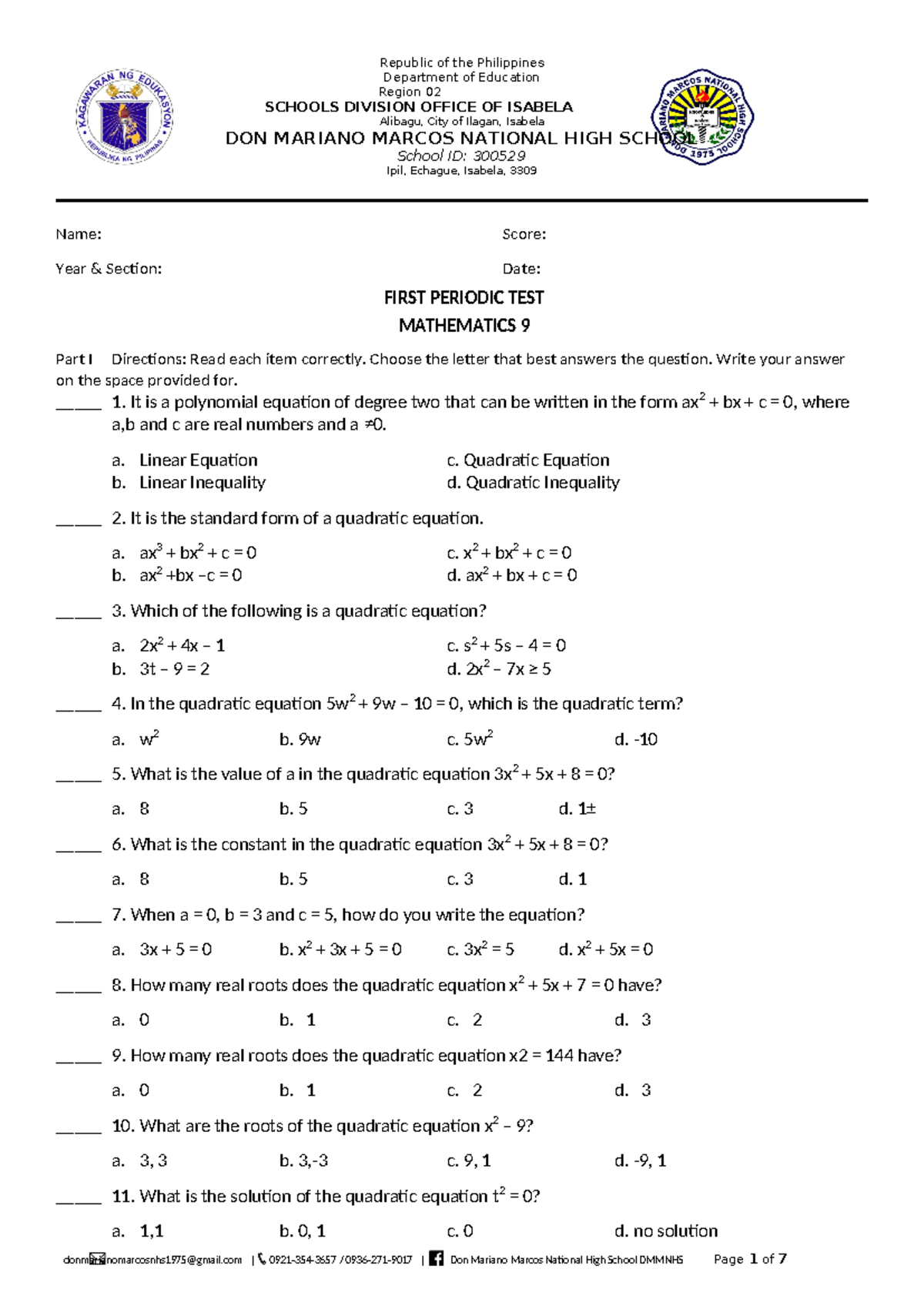 1st Periodictest MATH9 SY22 23 - Republic of the Philippines Department ...