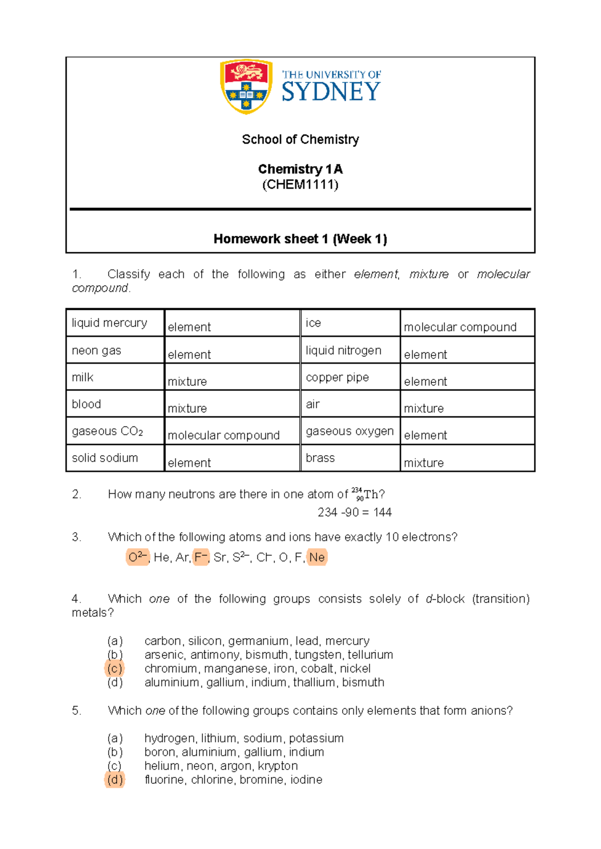 Homework 01- Chem 1A - chemistry practice questions - School of ...