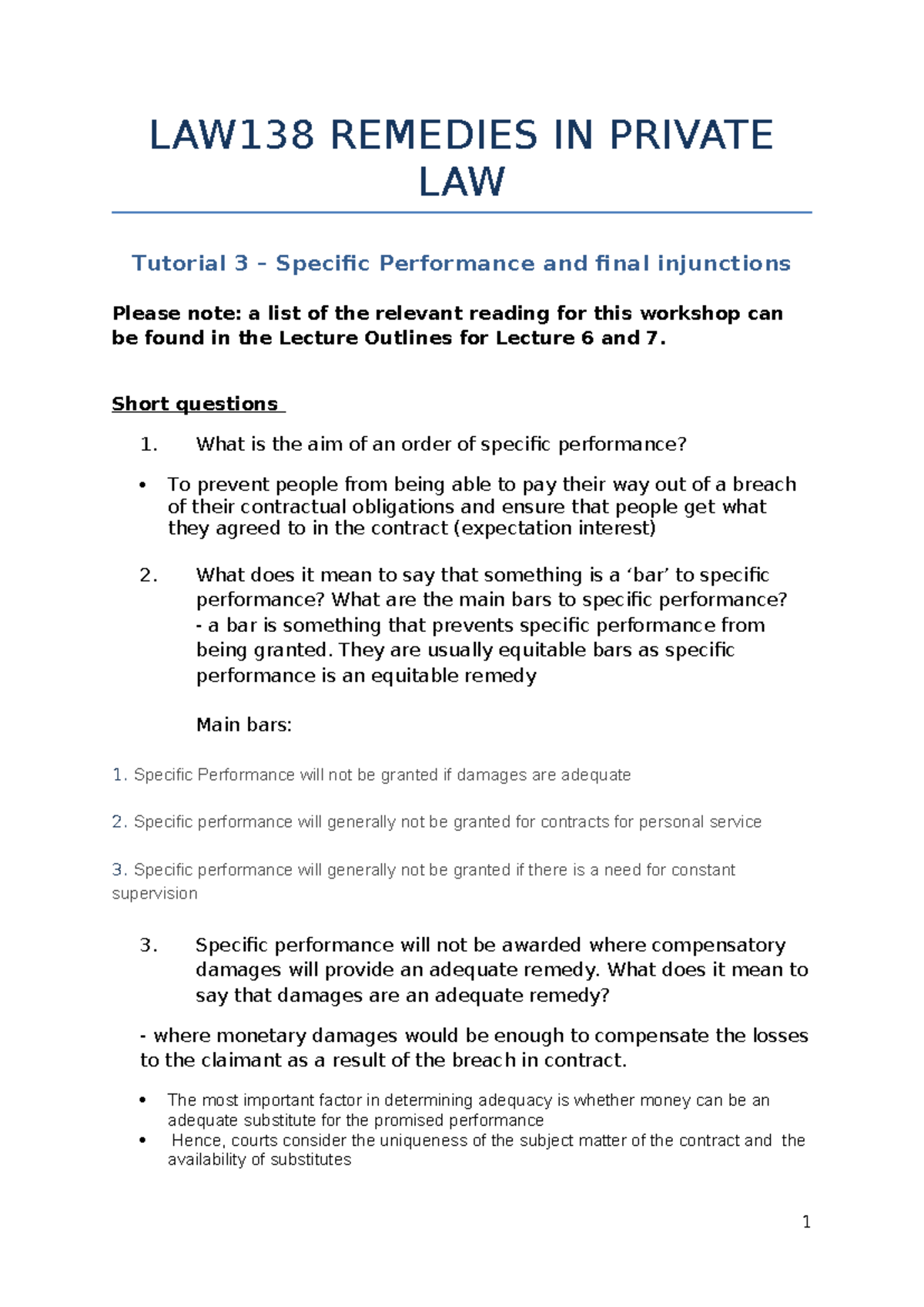 Tutorial 3 - Specific Performance and final injunctions - LAW138 REMEDIES IN PRIVATE LAW ...