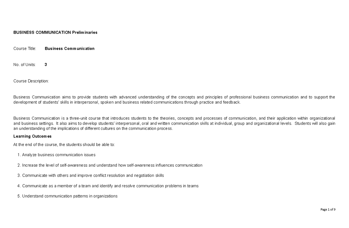 Business communication syllabus scribddocx - Page 1 of 9 BUSINESS ...