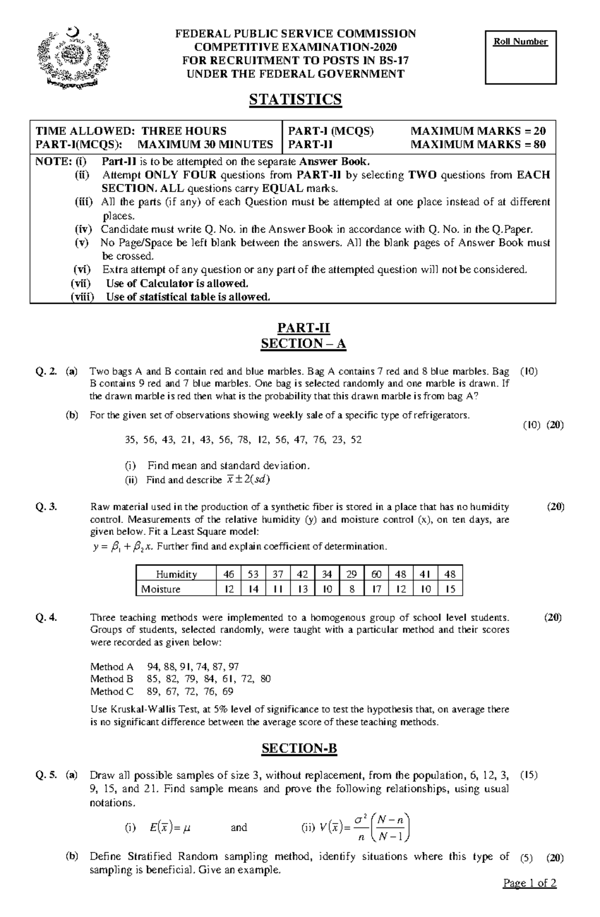 Statisticss 2020 - TIME ALLOWED: THREE HOURS PART-I(MCQS): MAXIMUM 30 ...