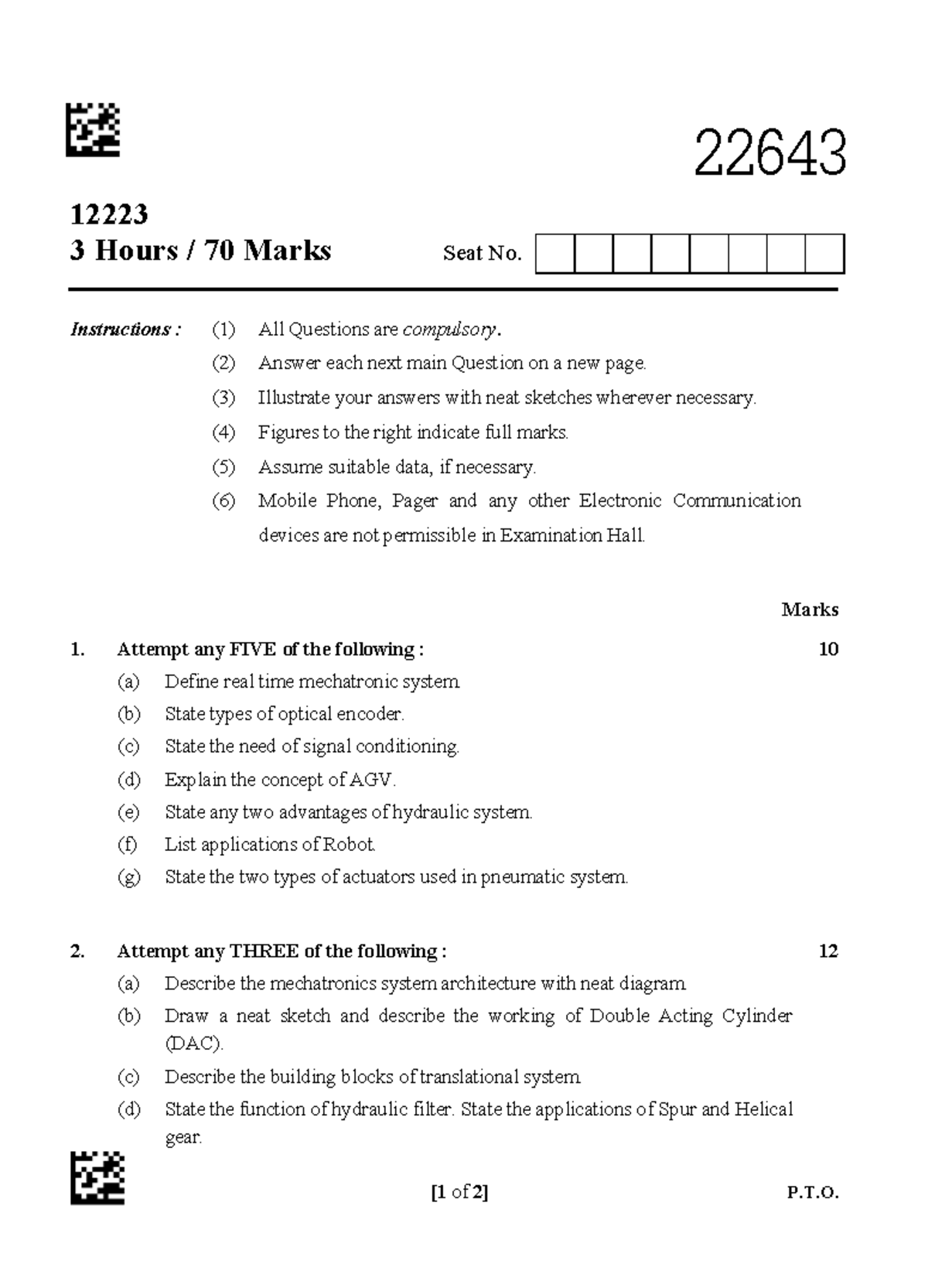Mechatronics syllabus - 22643 [1 of 2] P.T. 12223 3 Hours / 70 Marks Seat No. Instructions : (1 ...