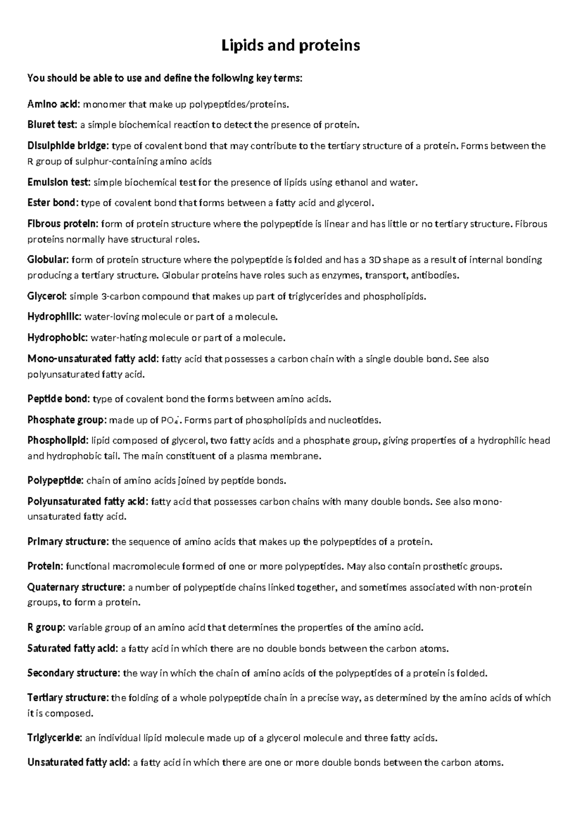 Bio Molecules revision booklet with Questions - Lipids and proteins You ...