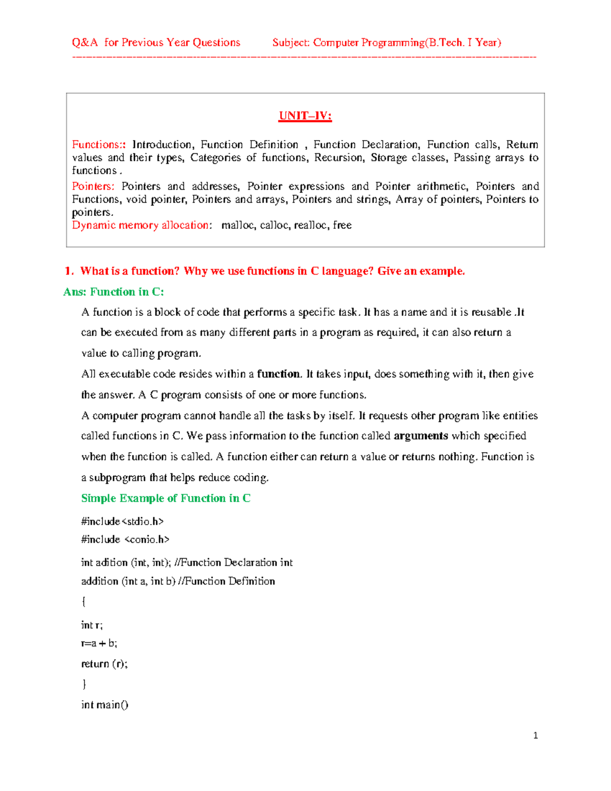 UNIT-IV(Q A) cp - Short notes - UNIT–IV: Functions:values and their ...