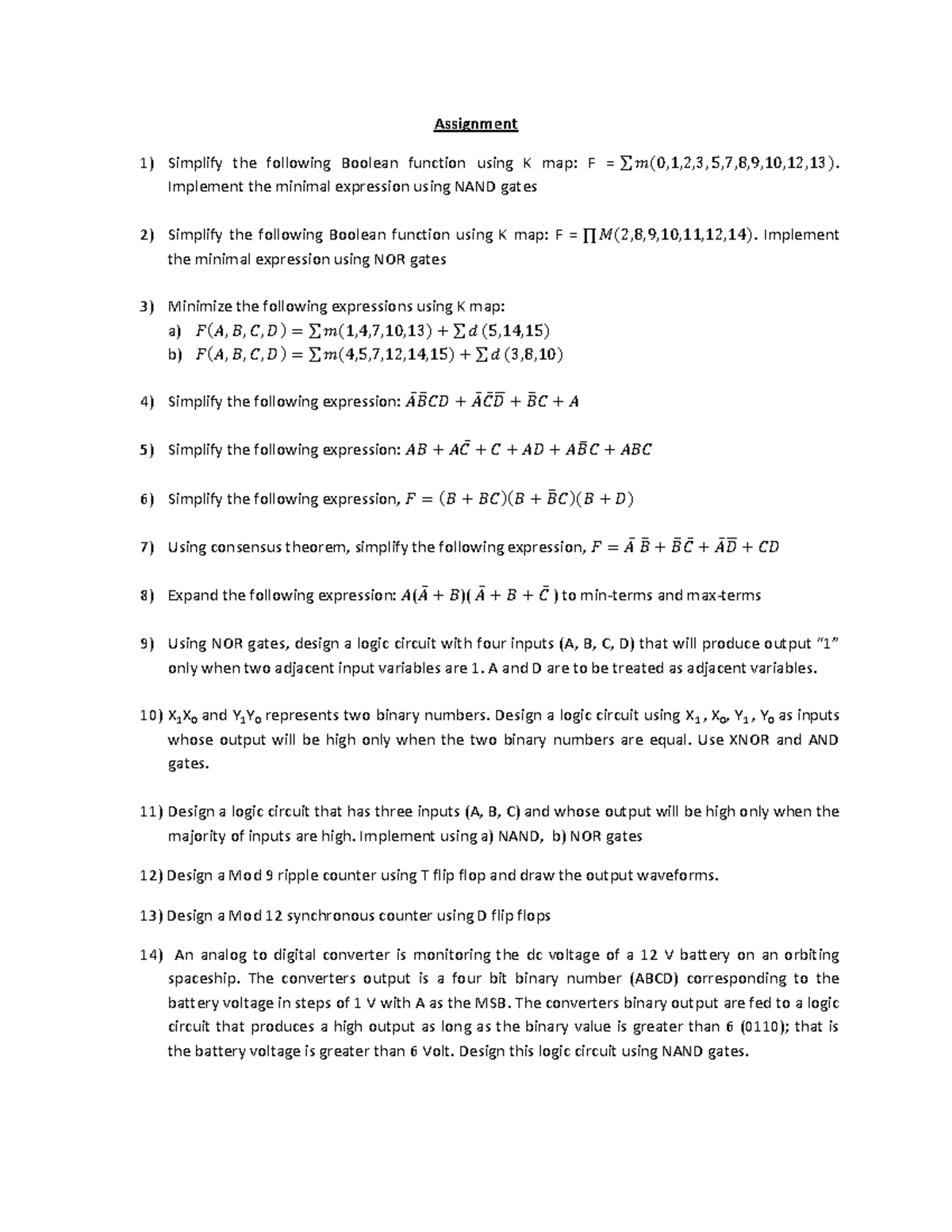 Digital Circuits - mahumadh alli sir for ee - Assignment Simplify the following Boolean function ...