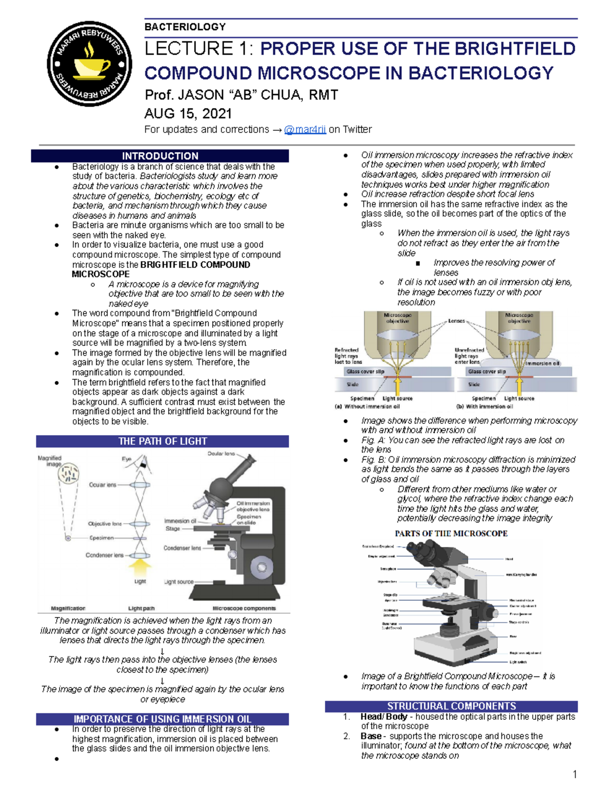 BLAB P1- Proper use of brightfield microscope - BACTERIOLOGY LECTURE 1 ...