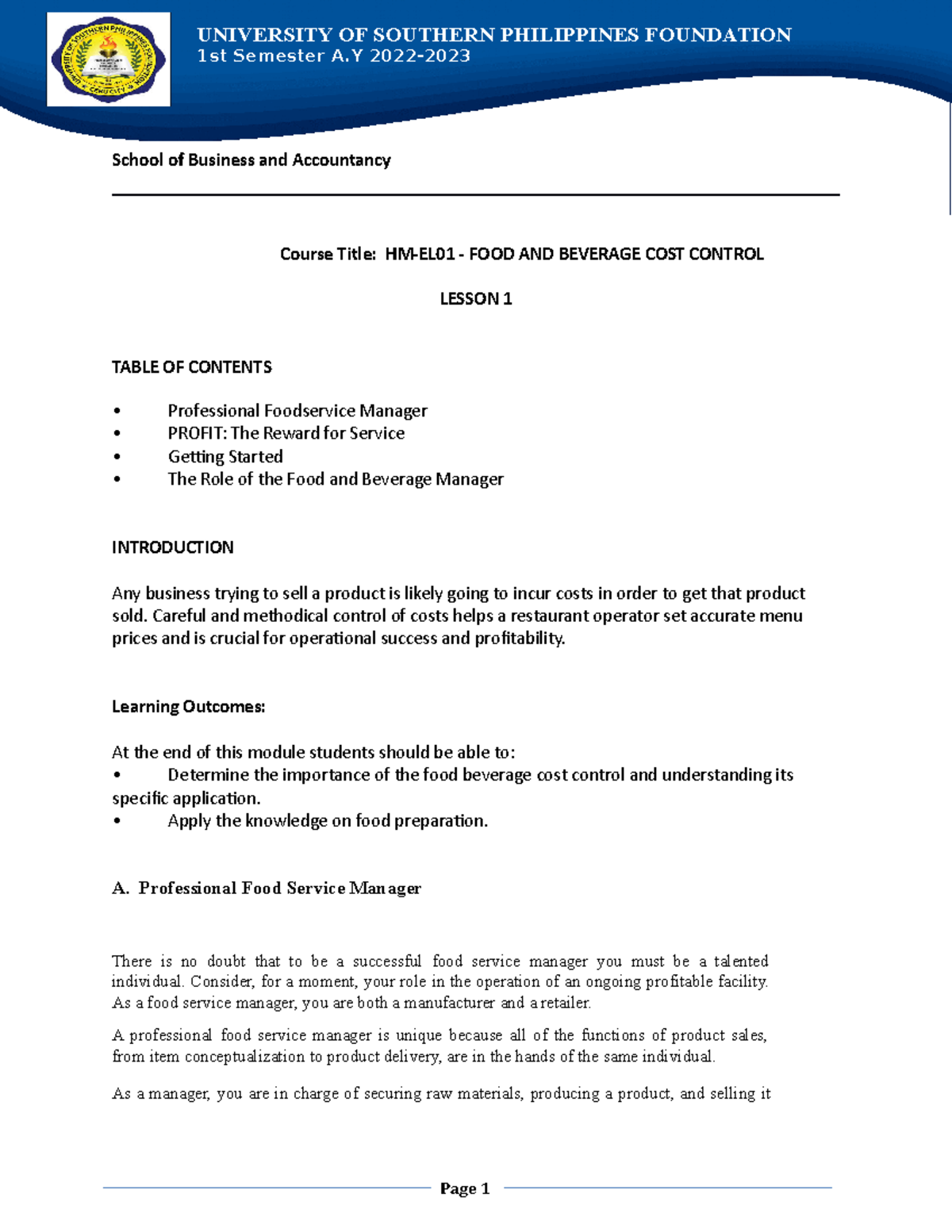 HM-EL01 Lesson 1 - 1st Semester A 2022- School of Business and ...