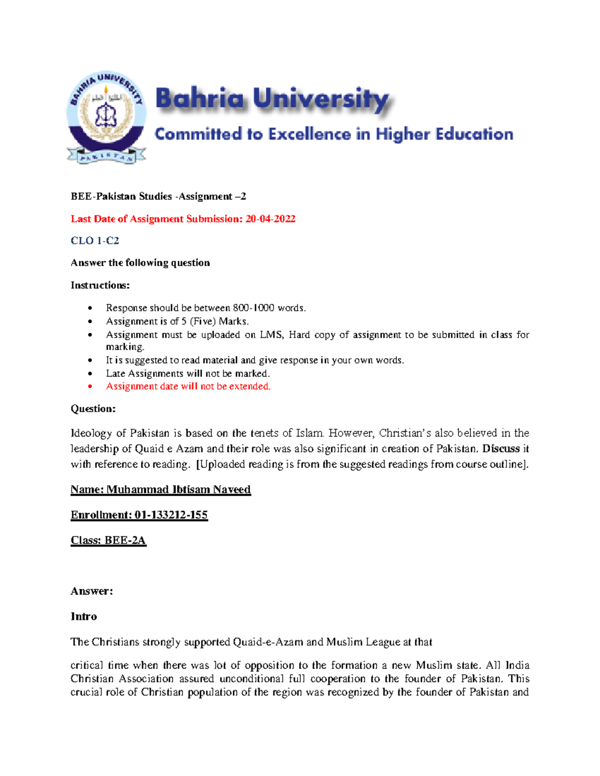Pks As 2 Pakistani Constitution - BEE-Pakistan Studies -Assignment – 2 ...