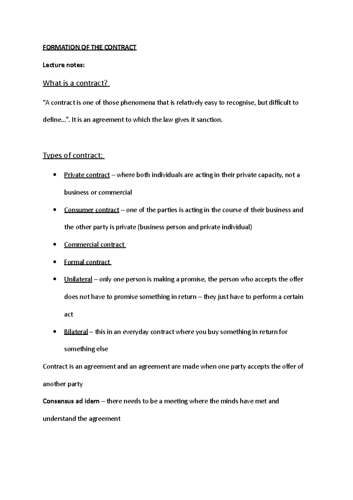 Formation of the contract - FORMATION OF THE CONTRACT Lecture notes ...
