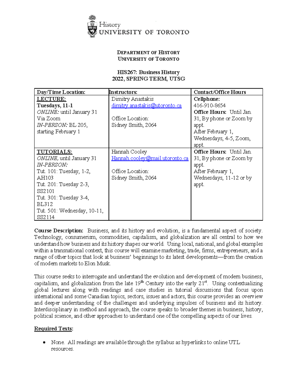 HIS267 Syllabus - DEPARTMENT OF HISTORY UNIVERSITY OF TORONTO HIS267 ...