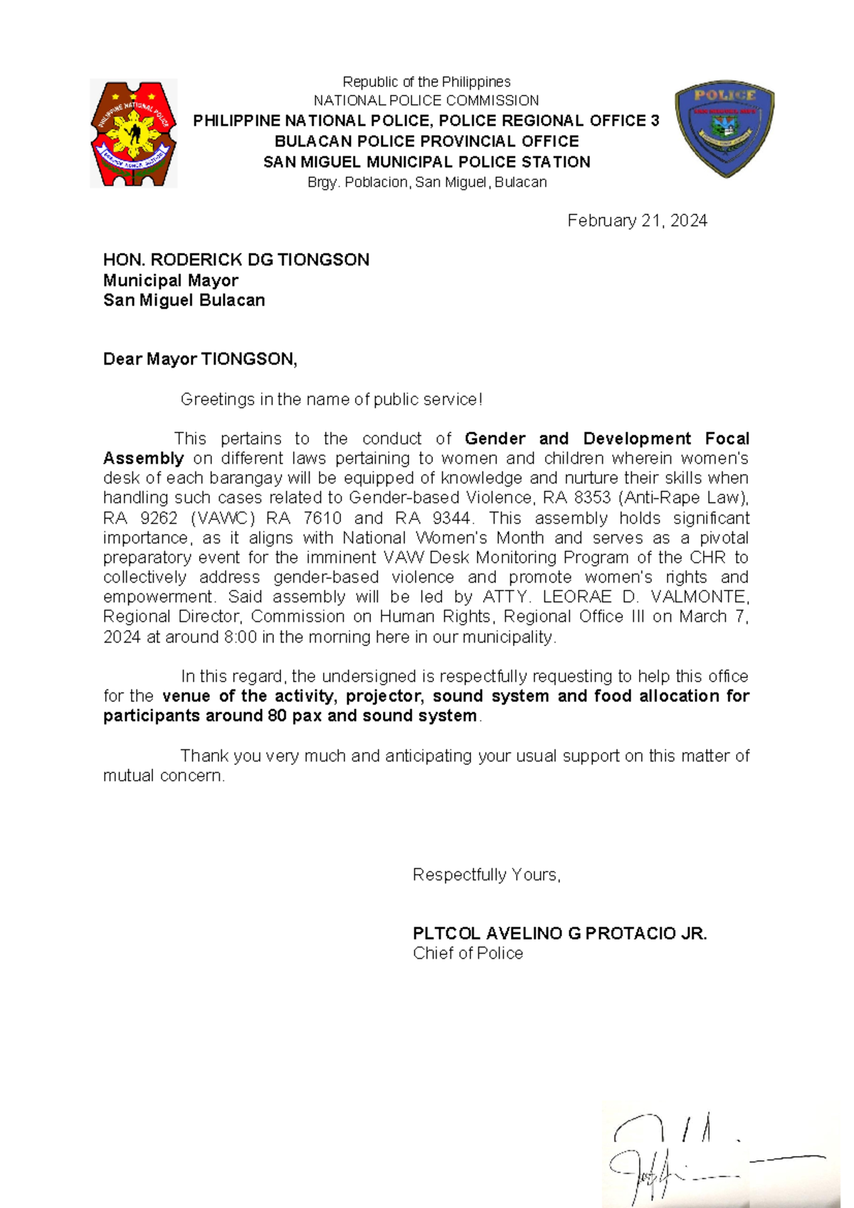 Request-letter-WCPD - wre4y - Republic of the Philippines NATIONAL ...