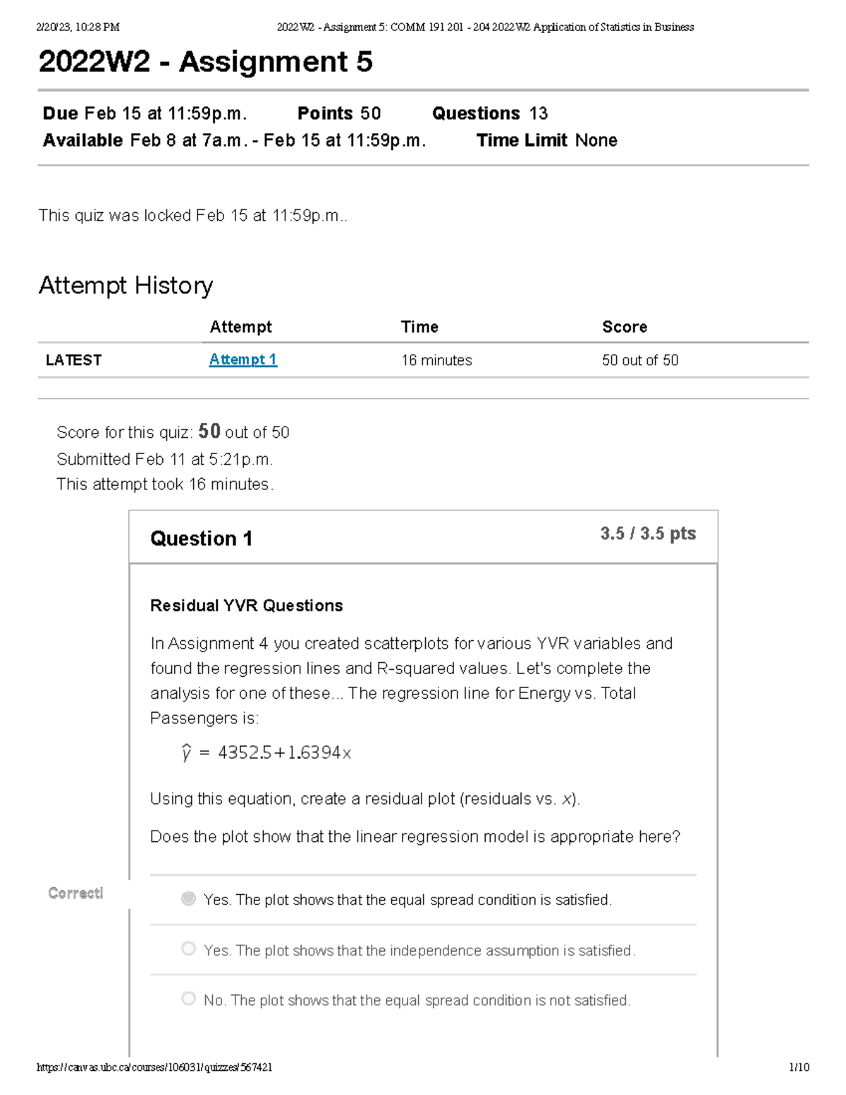 COMM 191 Assignment 5 2023 - 2022W2 - Assignment 5 Due Feb 15 at 11:59p. Points 50 Questions 13 ...