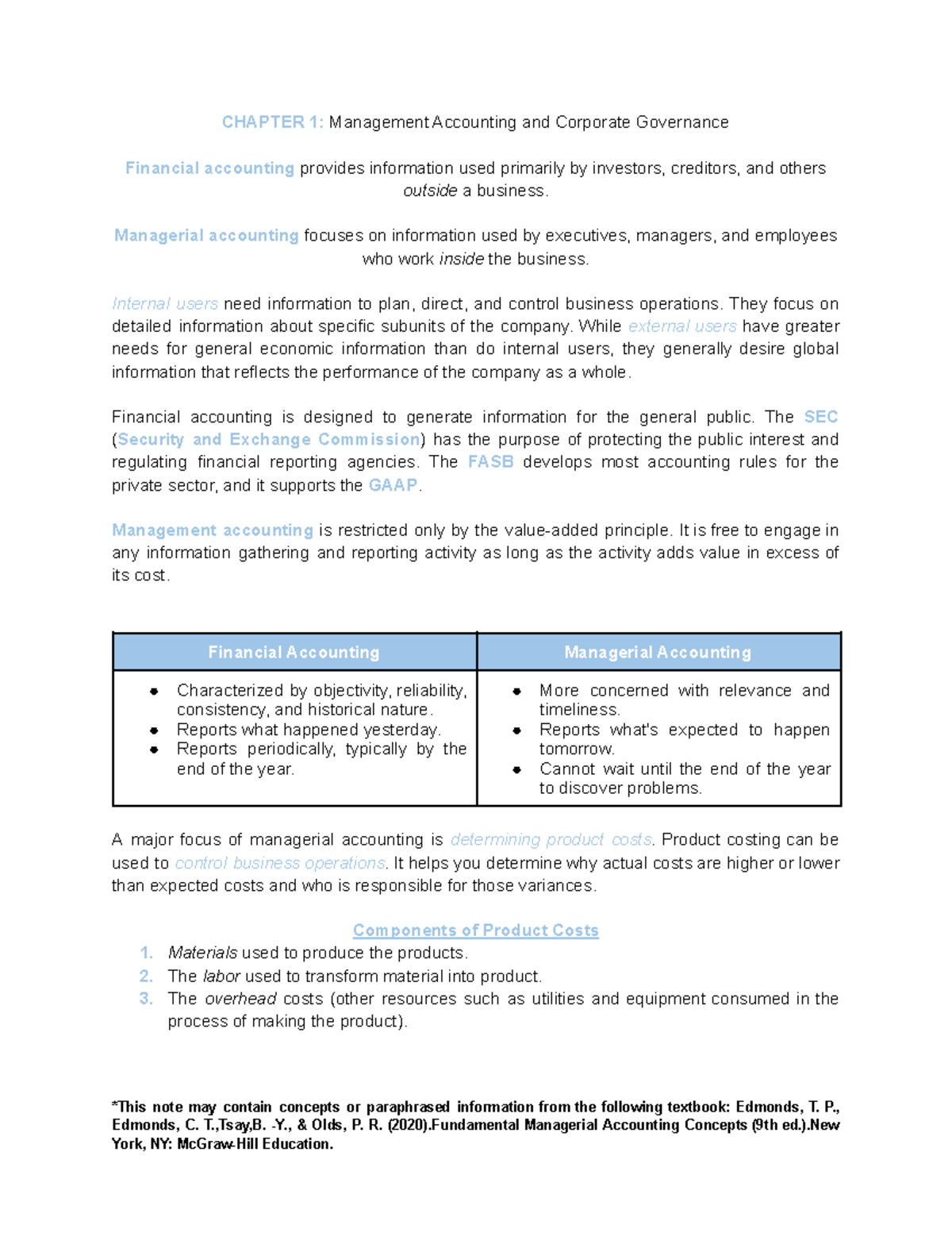 Principles of Managerial Accounting CH. 1 Notes - CHAPTER 1: Management ...