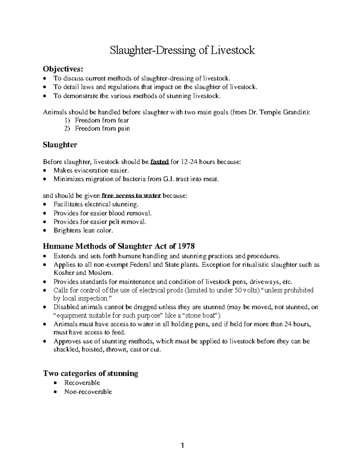 ANSC 307 3 Slaughter - Slaughter-Dressing of Livestock Objectives: To ...