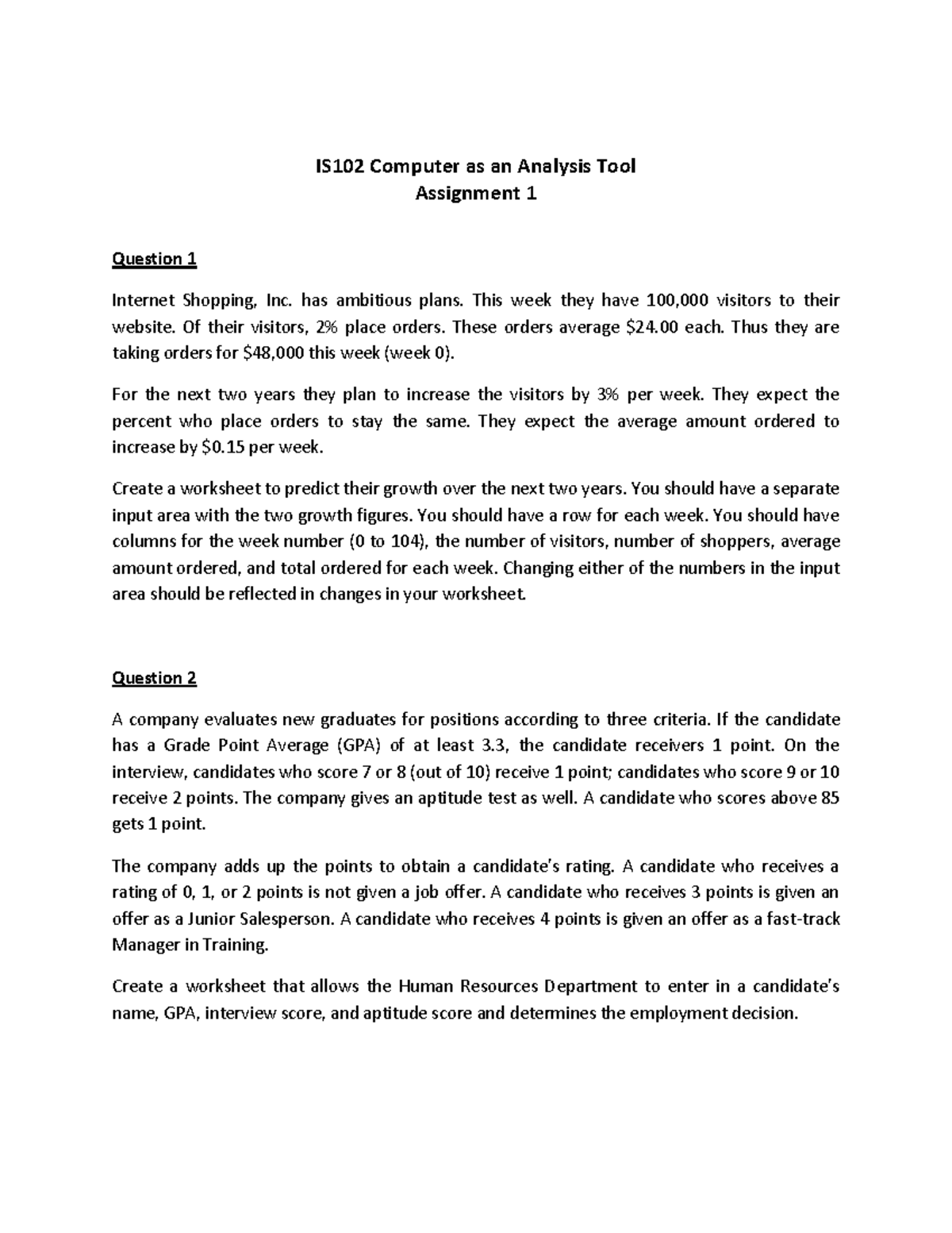 CAT Assignment 1 - IS102 Computer as an Analysis Tool Assignment 1 ...