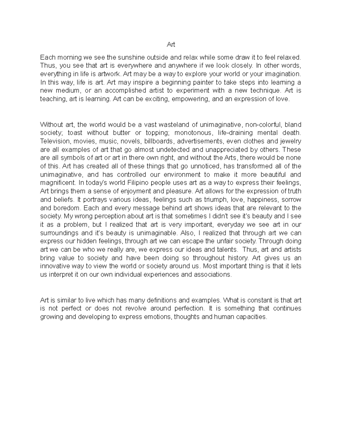 ART essay about art - Art Each morning we see the sunshine outside and ...