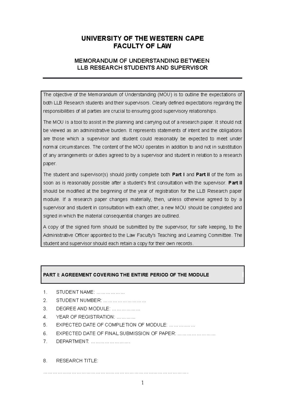 Memorandum of Understanding - Student and Supervisor LLB Research Paper ...