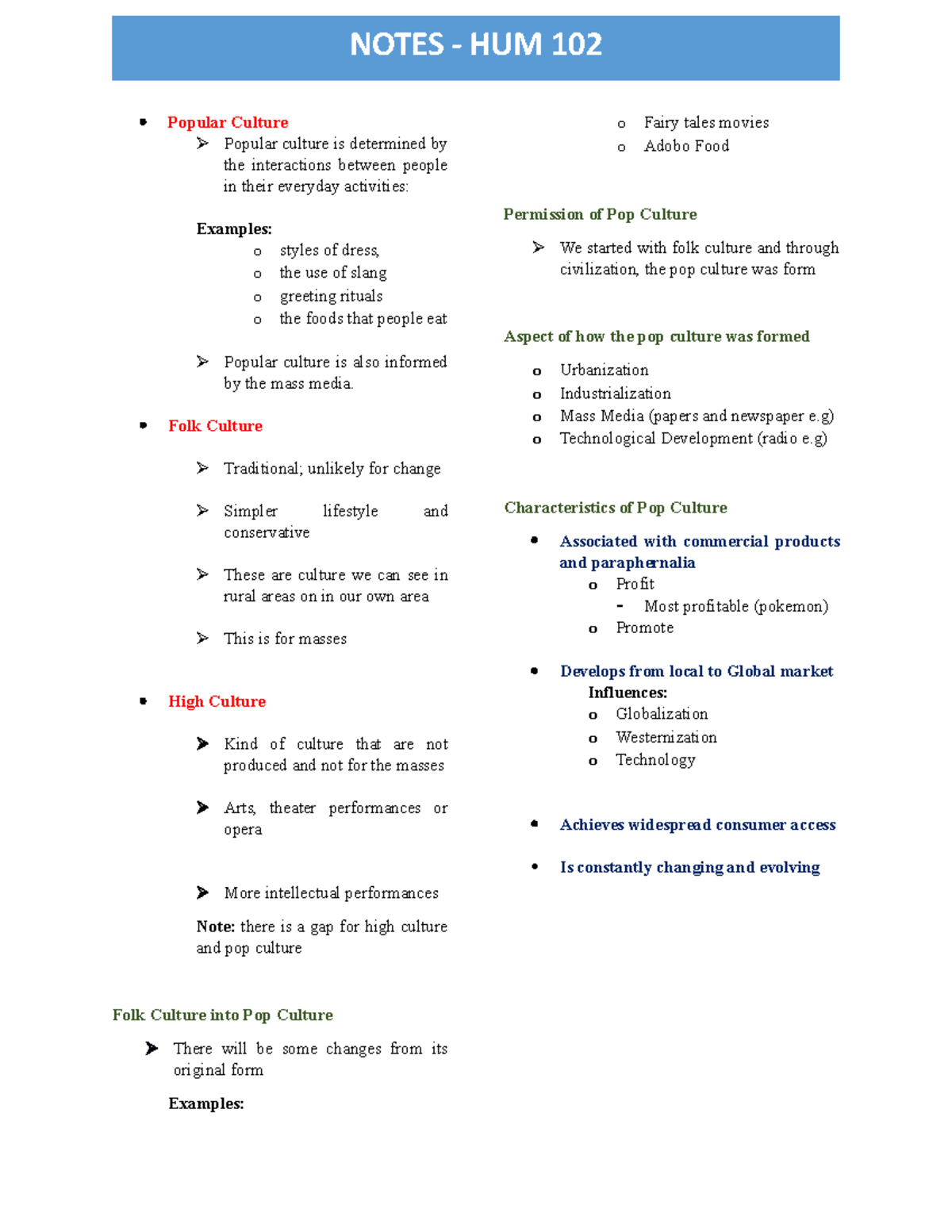 Popular Culture - Notes - Popular Culture Popular culture is determined ...