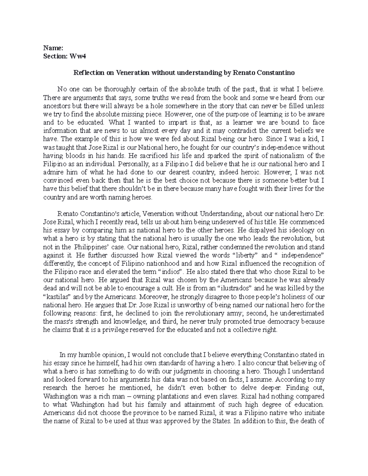 Reflection Essay Name Section Ww Reflection On Veneration Without 