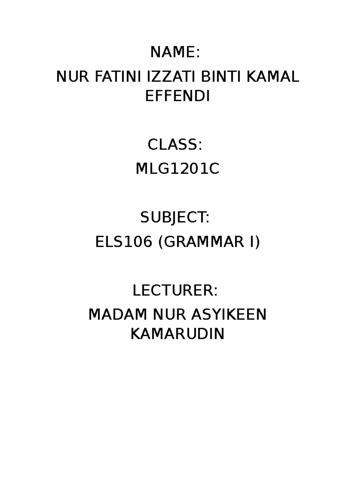 ELS106 - Nouns - yes - NAME: NUR FATINI IZZATI BINTI KAMAL EFFENDI ...