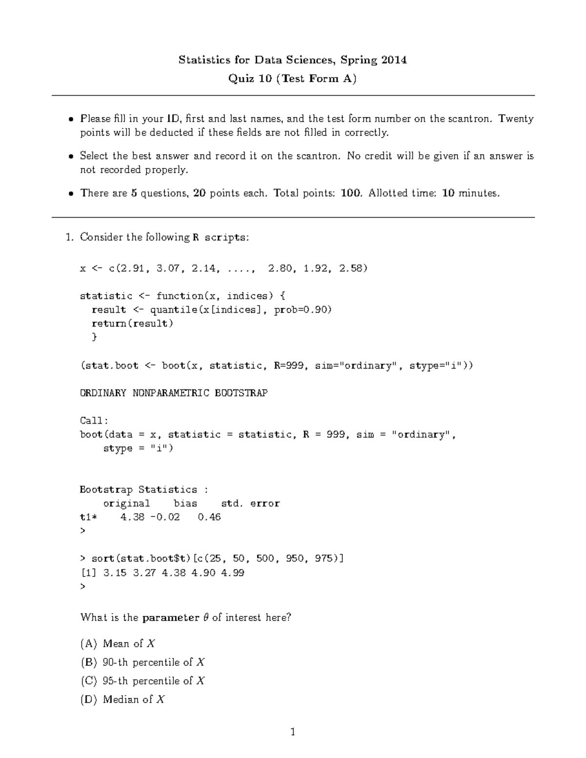Quiz 10a - material - Statistics for Data Sciences, Spring 2014 Quiz 10 ...