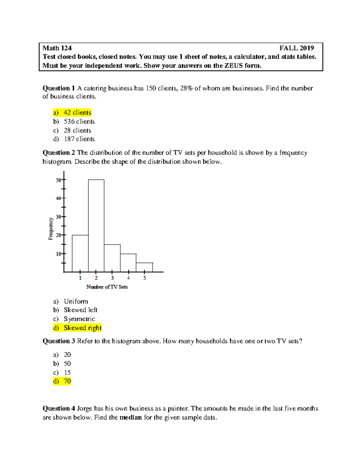 MATH 124-01- TEST 1 FALL 2019- Answers - Math 124 FALL 2019 Test closed ...