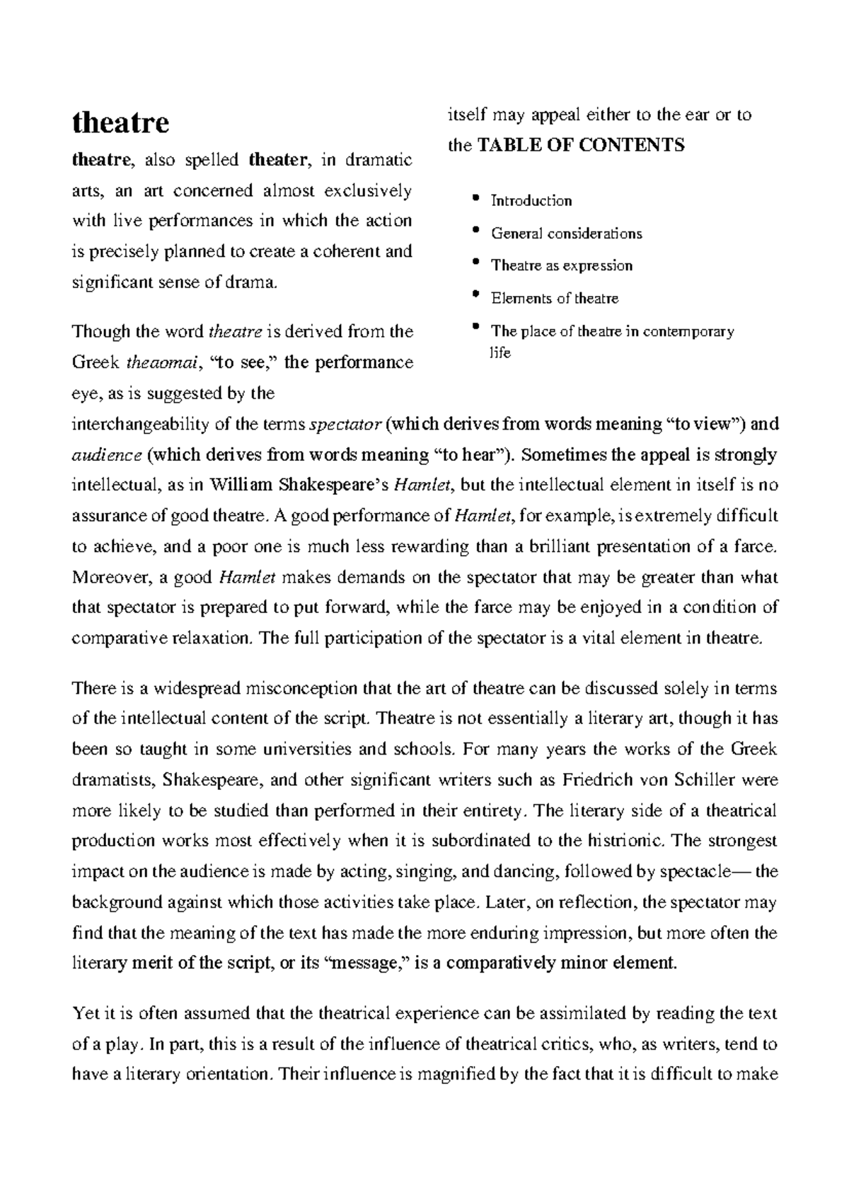 Theatre - Britannica Online Encyclopedia 1 - theatre theatre, also ...