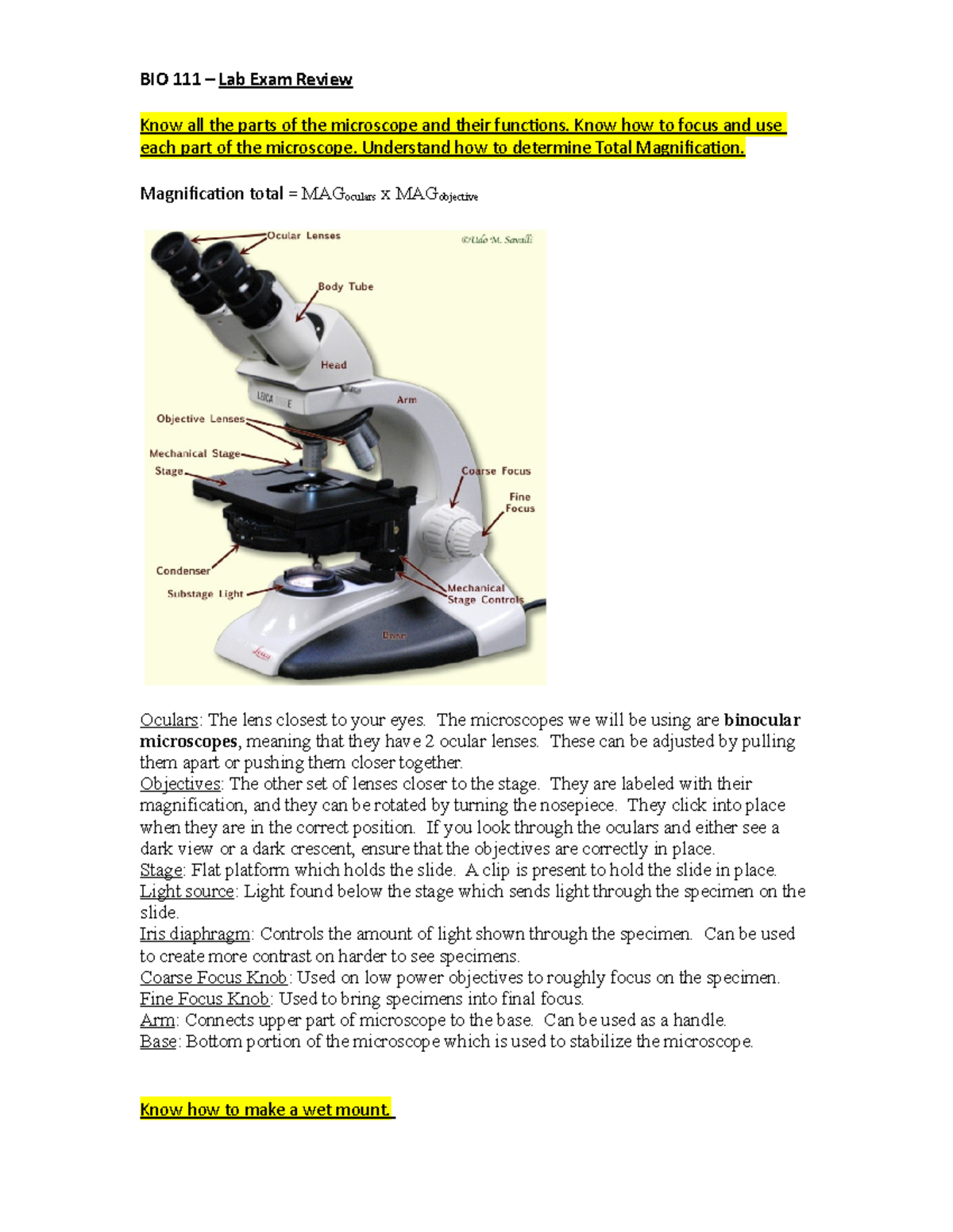 LAB EXAM Review - BIO 111 – Lab Exam Review Know all the parts of the ...